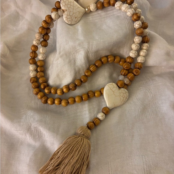 Jewelry | Cream And Tan Beaded Necklace With Heart Accents And Tassel ...